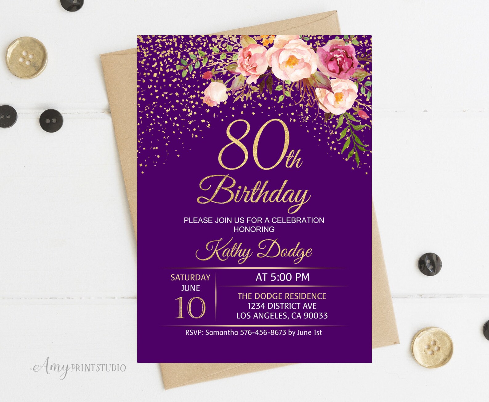 80th Birthday Invitation Purple Floral Birthday Invitation Etsy