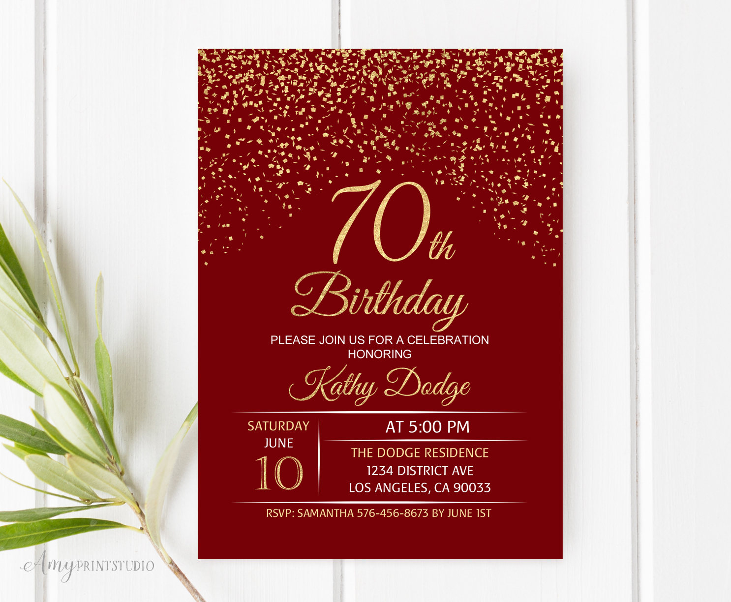 70th Birthday Invitation, Red Gold Birthday Invitation, Red and Gold ...