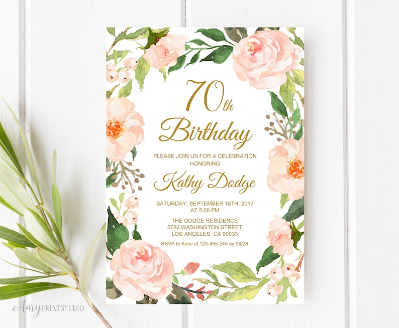 70th Birthday Invitation Floral Women Birthday Invitation Etsy