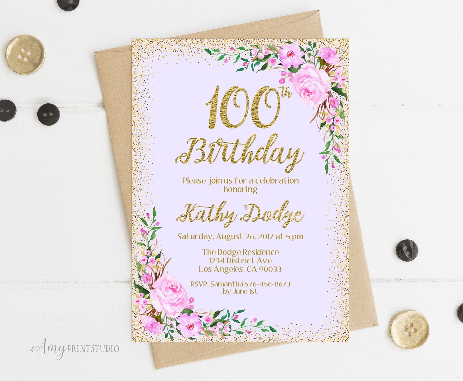 100th Birthday Invitation Purple Floral Birthday Invitation | Etsy