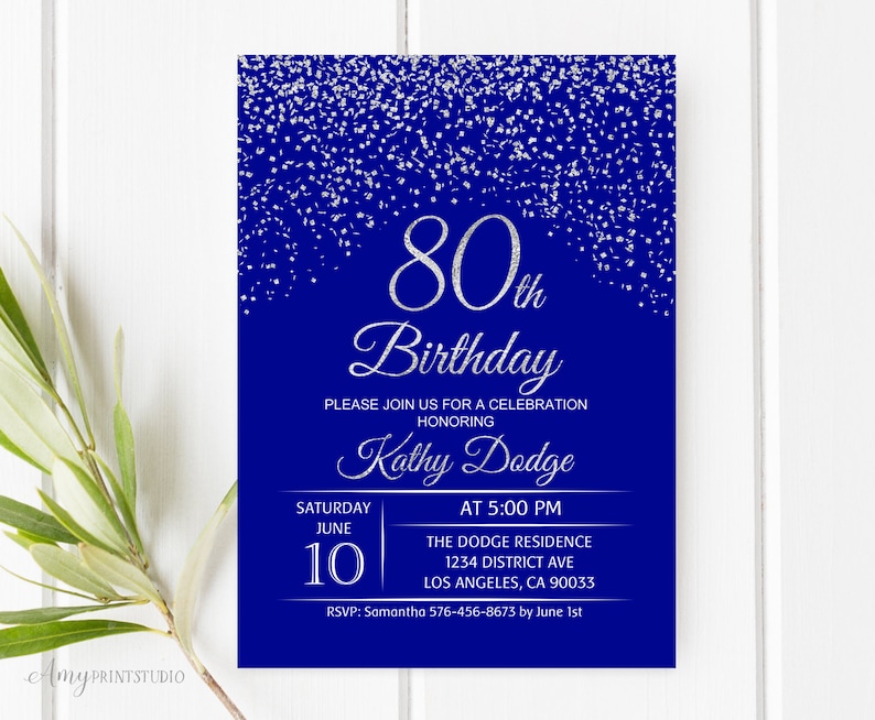 80th Birthday Invitation Royal Blue Silver Birthday | Etsy