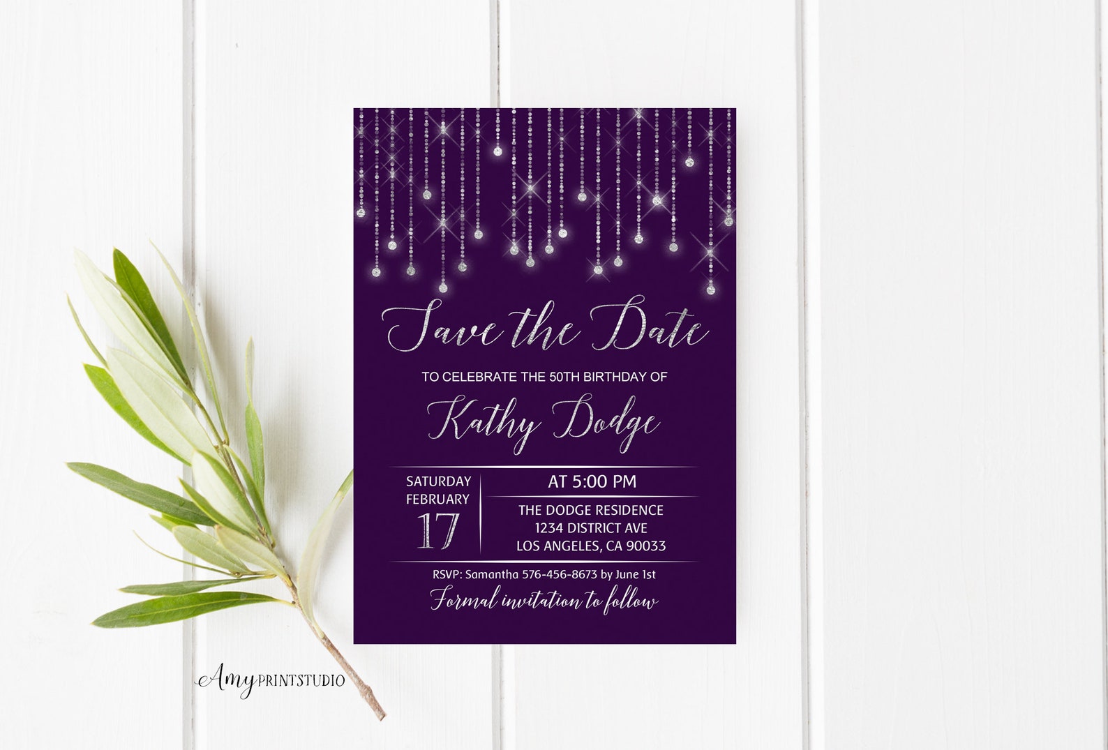 Save the Date Purple Birthday Save the Date Glam Silver Save | Etsy