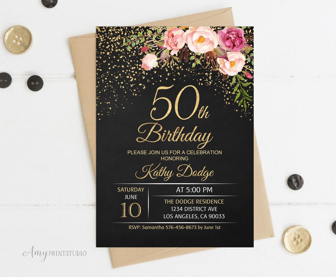 50th Birthday Invitation, Floral Women Birthday Invitation, Chalkboard ...
