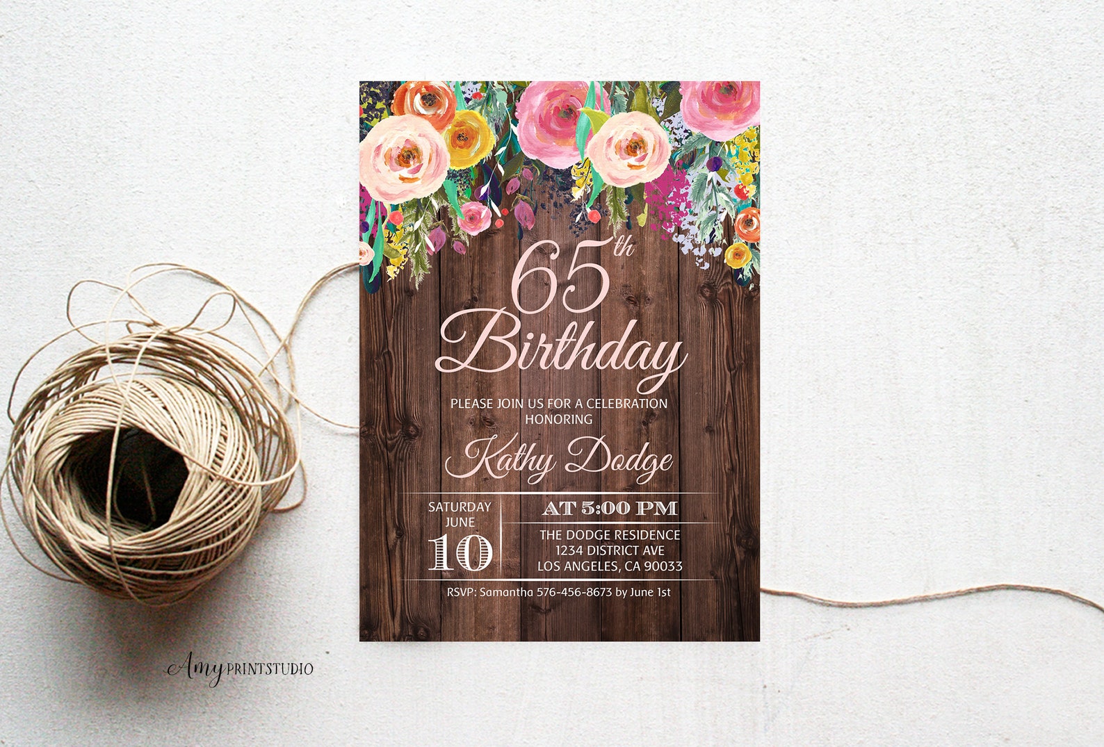 65th Birthday Invitation, Rustic Floral Birthday Party Invitation ...