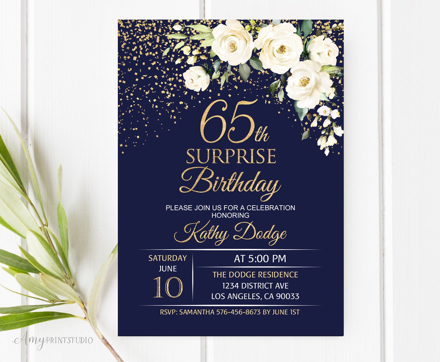 65th Birthday Invitation Navy Gold Birthday Invitation | Etsy