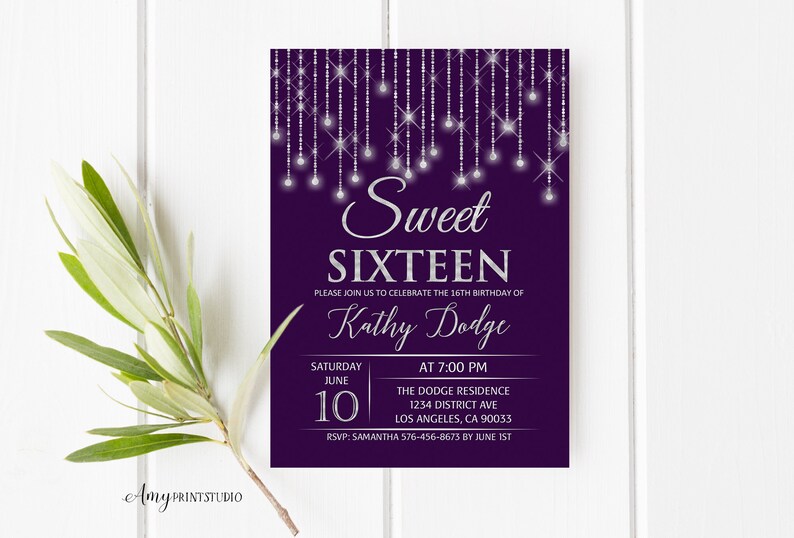 Sweet Sixteen, 16th Birthday Invitation, Purple Birthday Invite, Glam ...