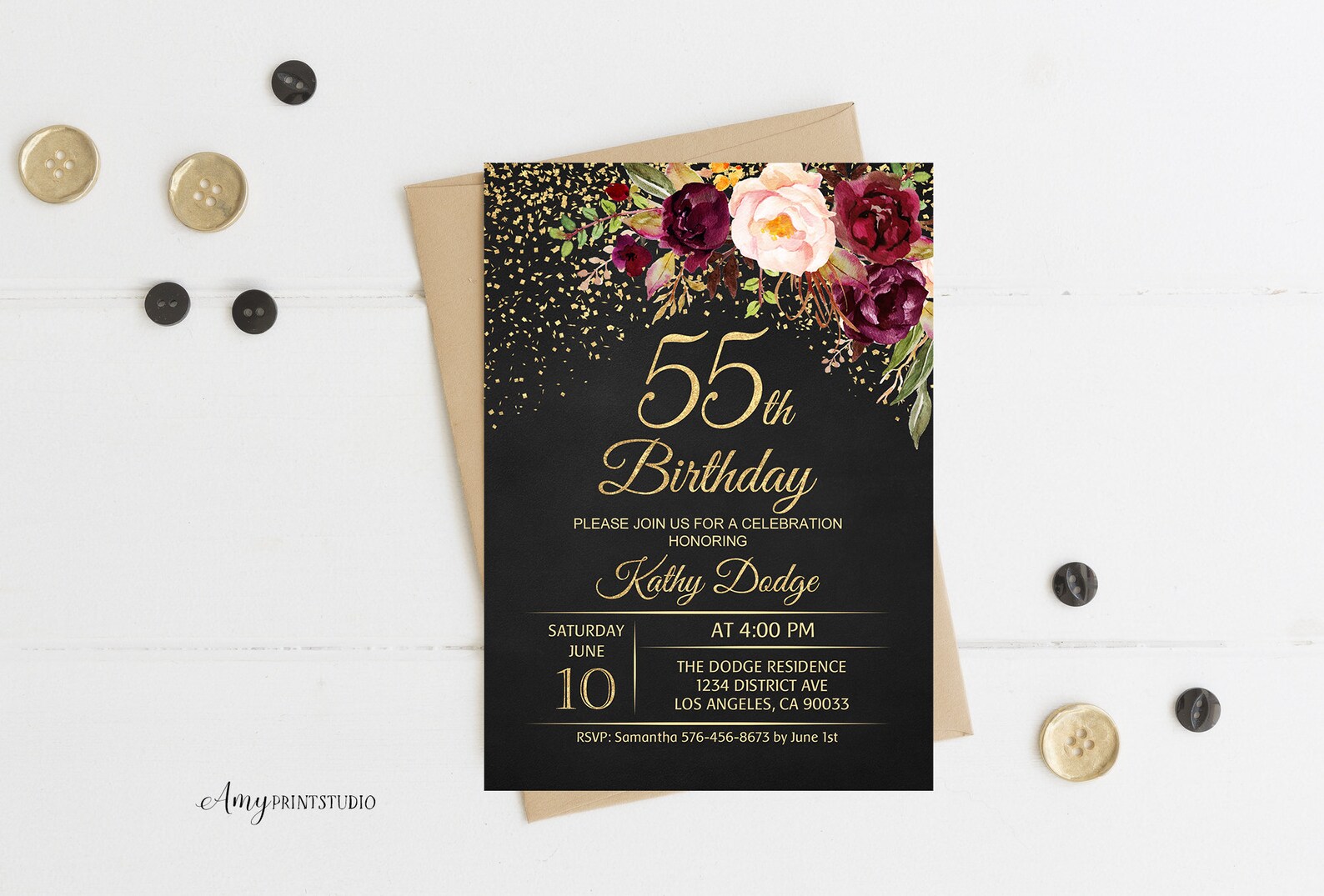 55th Birthday Invitation, Floral Women Birthday Invitation, Chalkboard ...