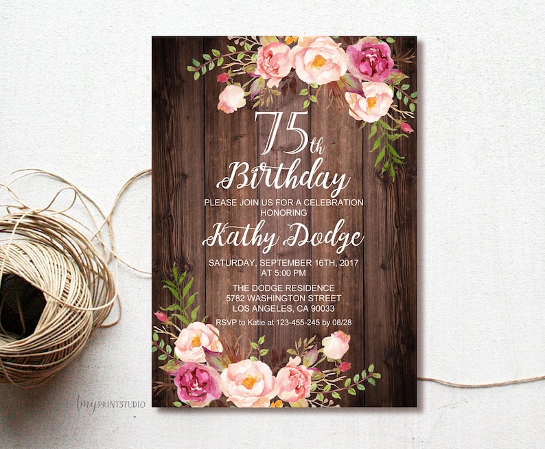 75th Birthday Invitation Floral Women Birthday Invitation Etsy