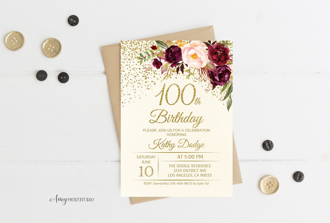 100th Birthday Invitation, Floral Birthday Invitation, Cream Burgundy ...