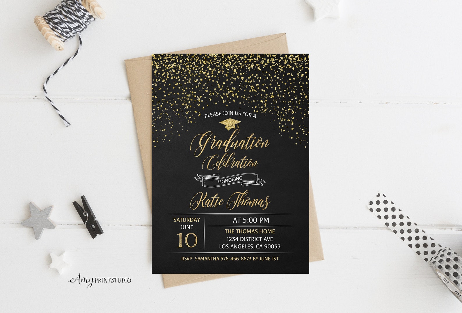 Graduation Invitation, Graduation Party Invite, Gold Chalkboard ...