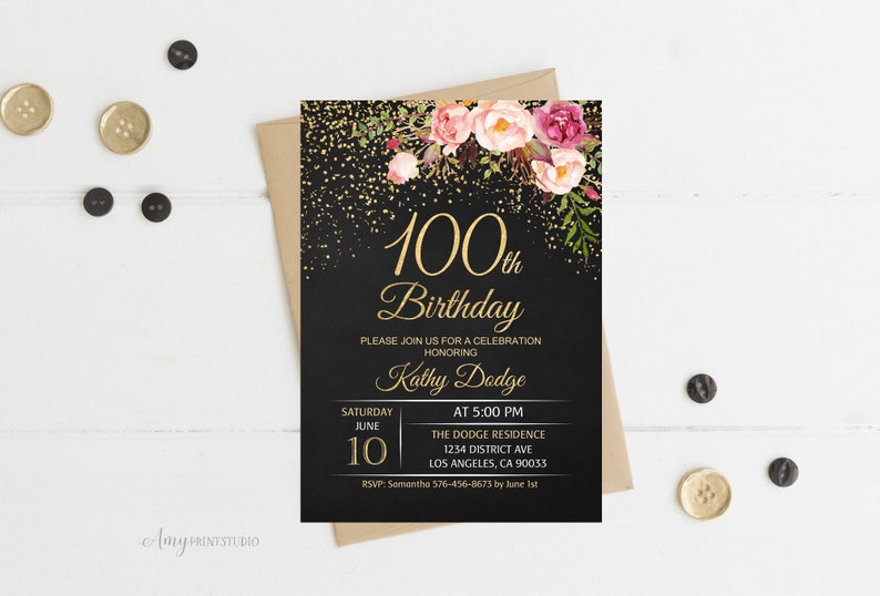 100th Birthday Invitation, Floral Women Birthday Invitation, Chalkboard ...