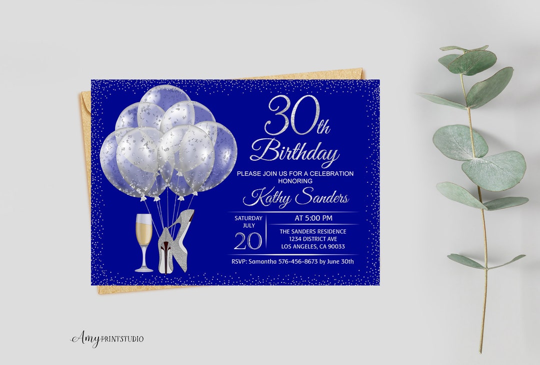 30th Birthday Invitation, Royal Blue Silver Birthday Invitation, Blue ...