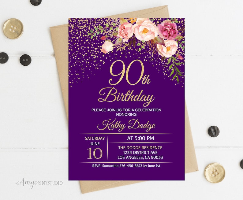 90th Birthday Invitation, Purple Floral Birthday Invitation, Any Age ...