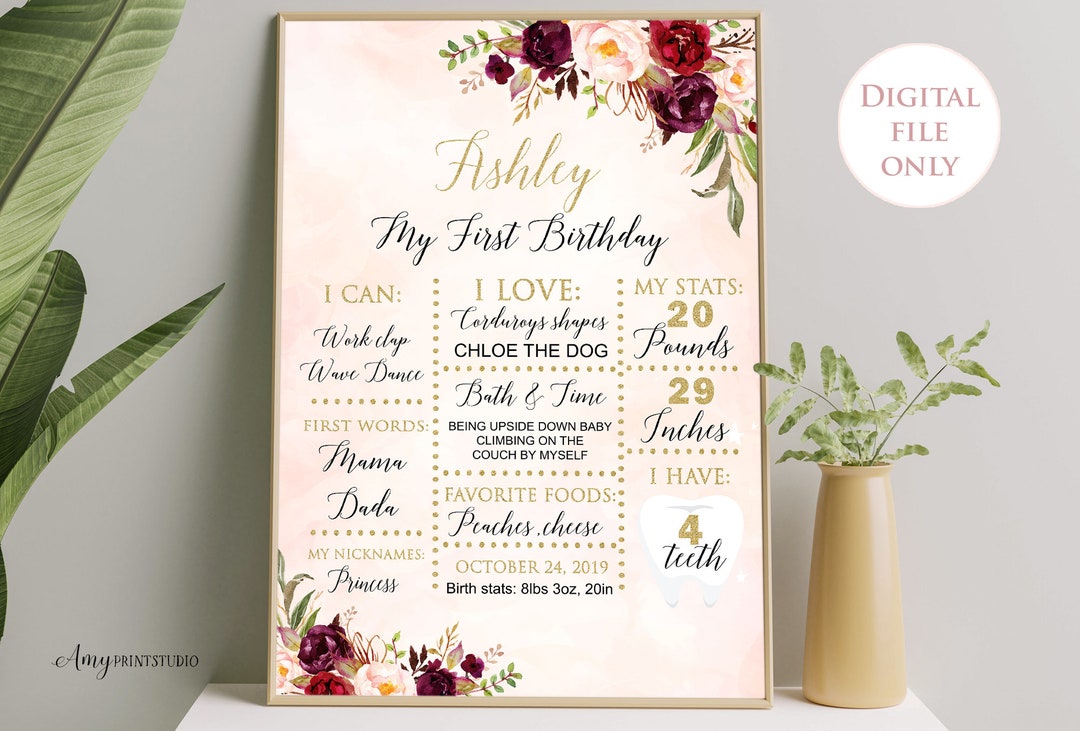 First Birthday Sign, Milestone Sign, First Year Stats, Baby Chart ...