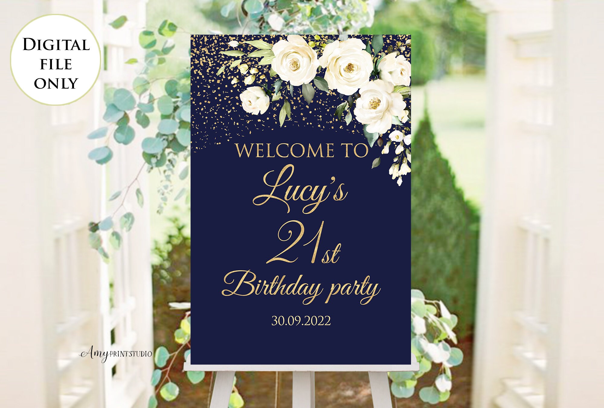 Welcome Birthday Sign, Welcome Sign, Navy Gold Birthday Welcome Sign ...