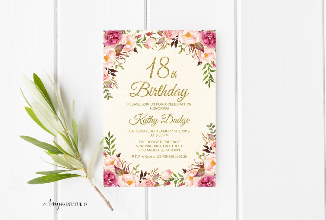 18th Birthday Invitation, Floral Cream Birthday Invitation, Any Age ...