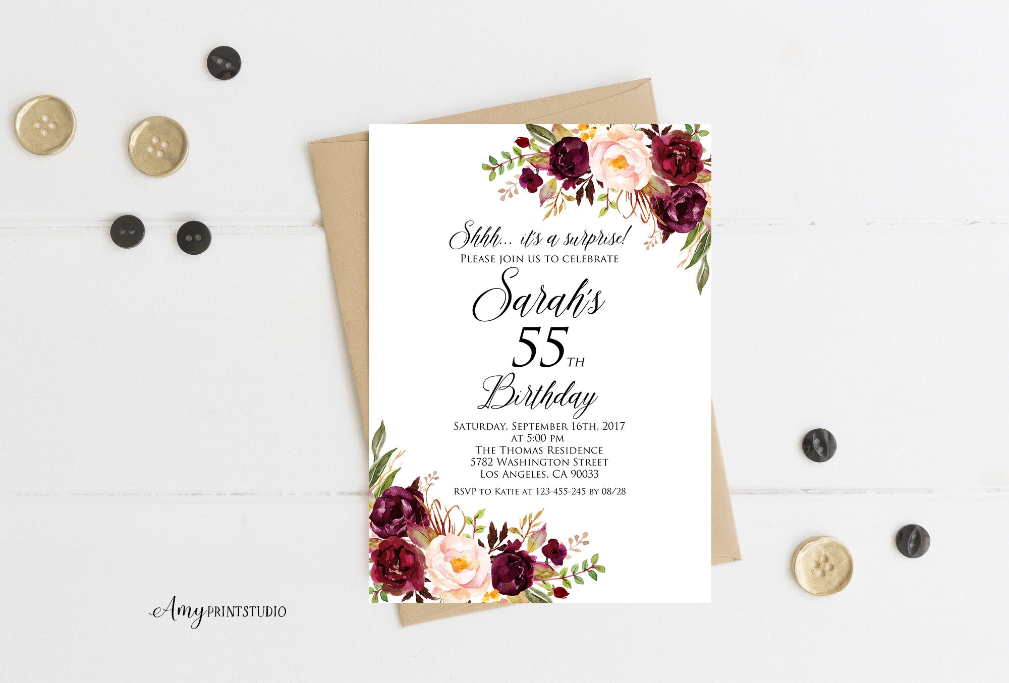 Surprise 55th Birthday Invitation, Women Birthday, Burgundy Flowers ...