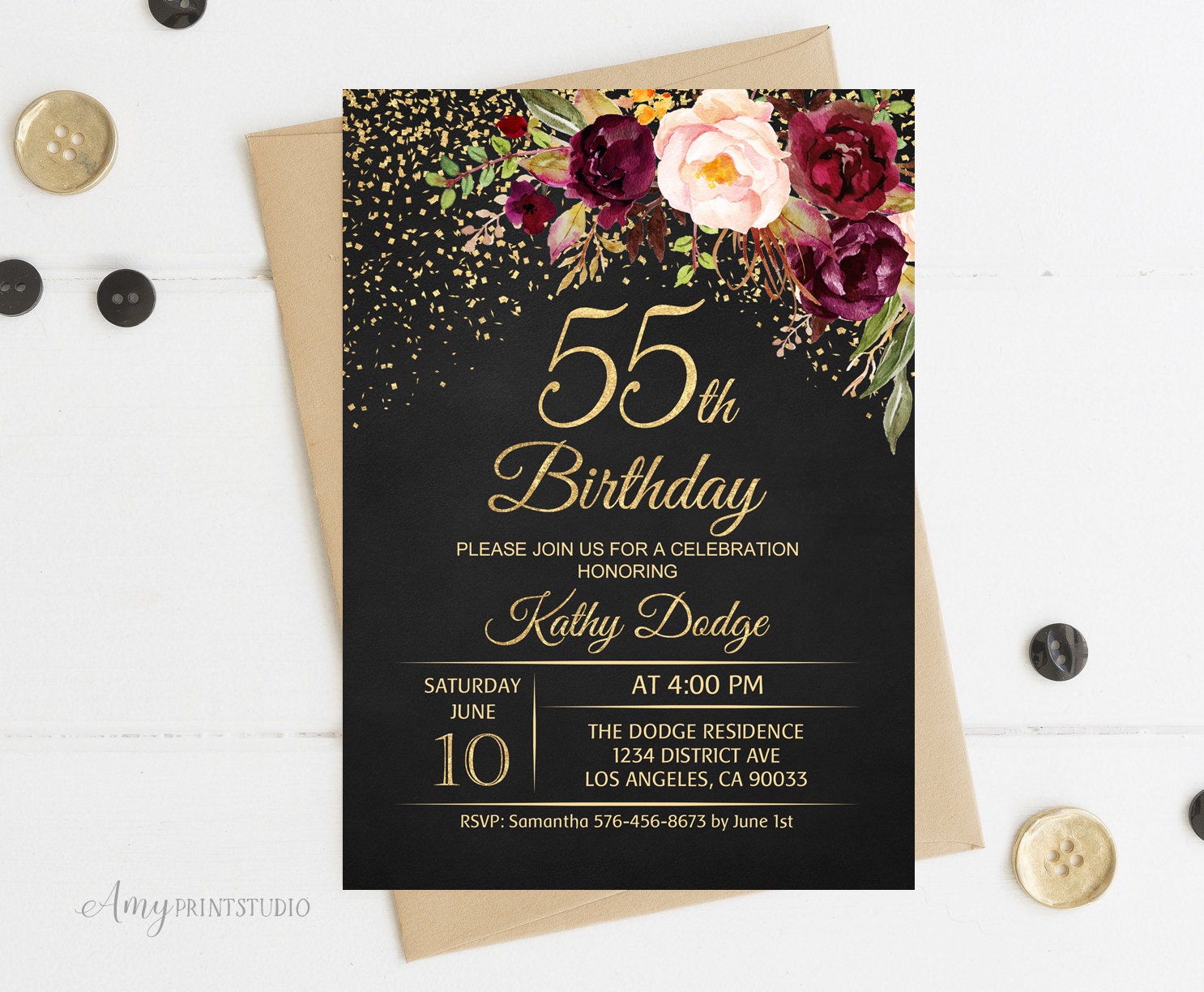 55th Birthday Invitation Floral Women Birthday Invitation | Etsy