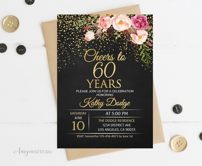 Cheers to 60 Years Invitation, Floral Women Birthday Invitation ...