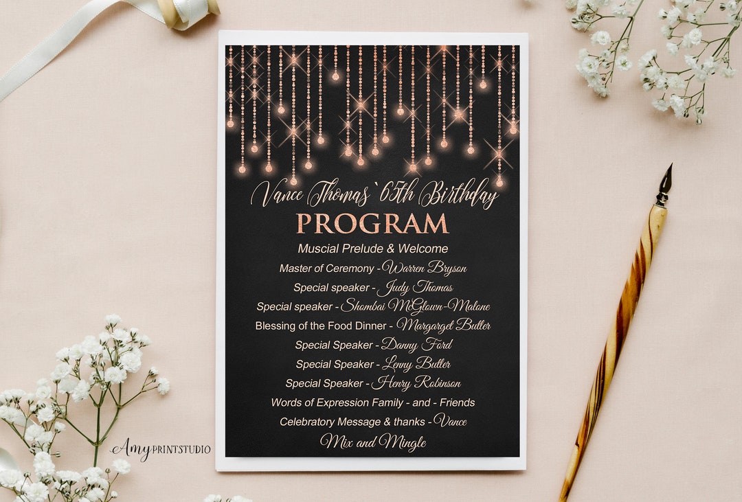 Birthday Program, 65th Birthday Invitation, Rose Gold Birthday ...
