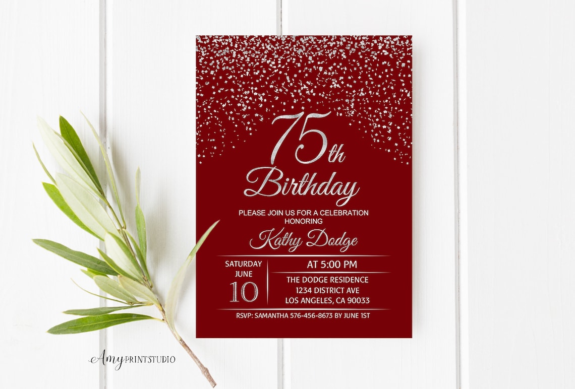 75th Birthday Invitation Silver Birthday Invitation Red - Etsy