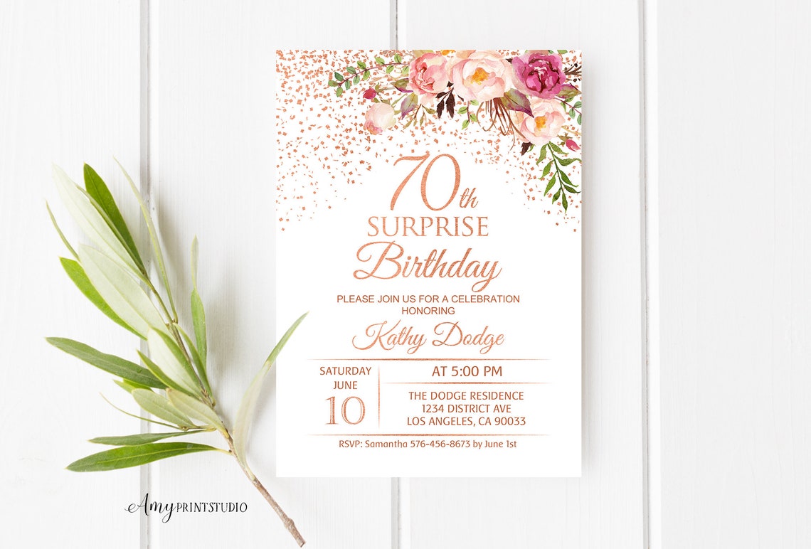 70th Surprise Birthday Invitation, Floral Women Birthday Invitation ...