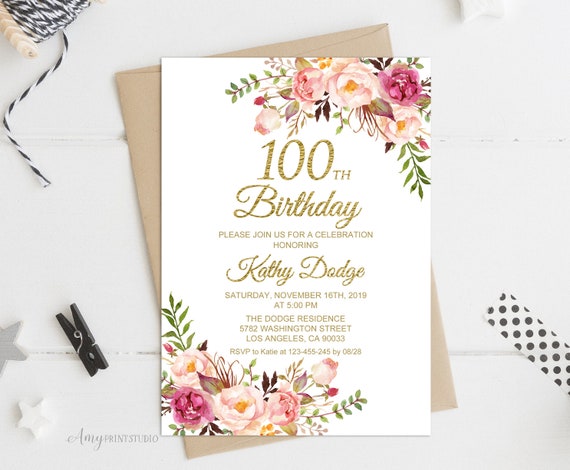 100th Birthday Invitation Floral Women Birthday Invitation - Etsy