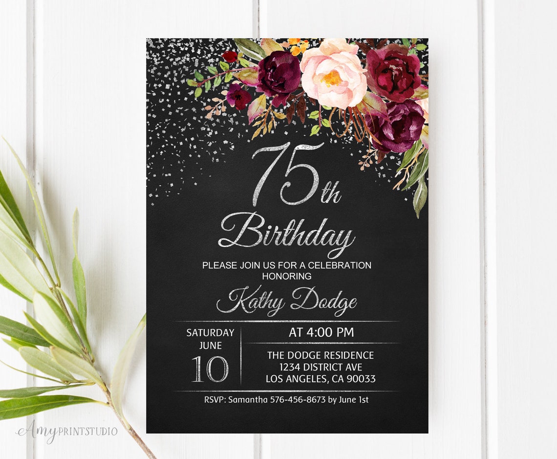 75th Birthday Invitation Silver Floral Women Birthday | Etsy