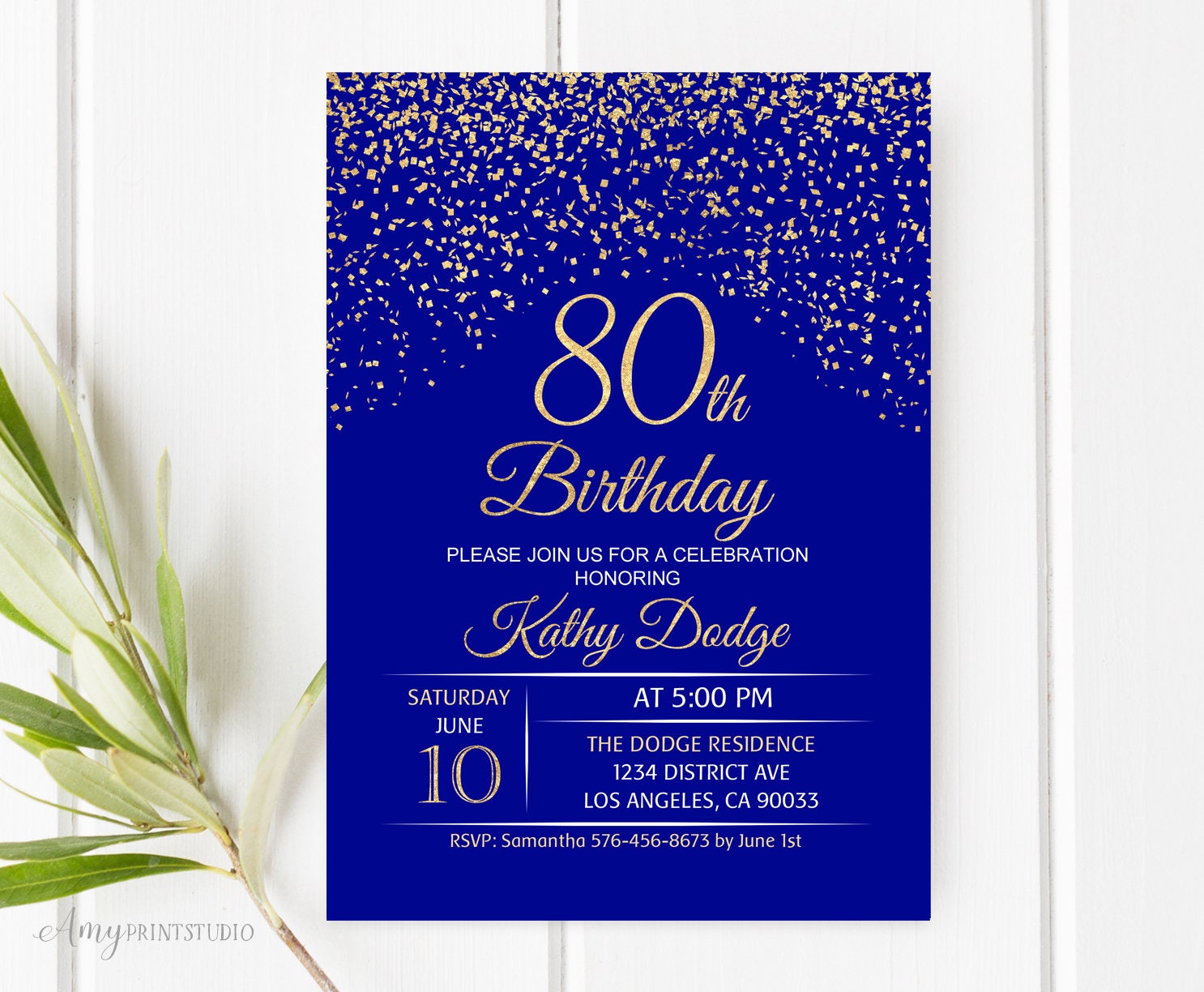 80th Birthday Invitation, Royal Blue Gold Birthday Invitation, Blue and ...