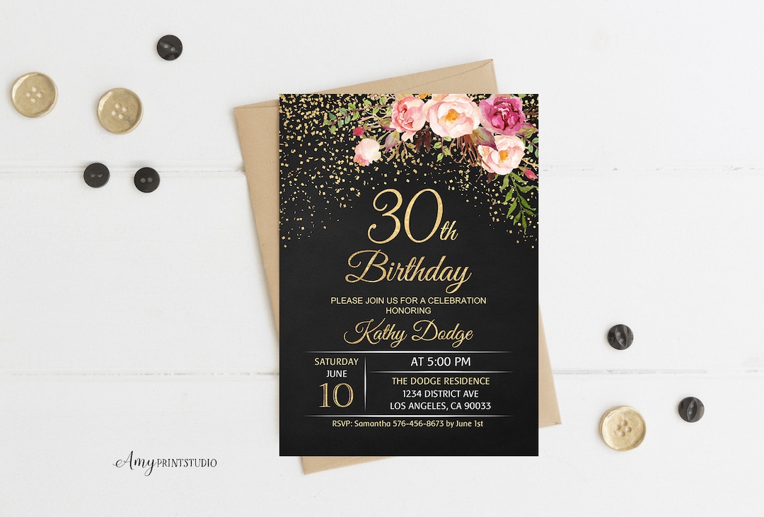 30th Birthday Invitation, Floral Women Birthday Invitation, Chalkboard ...