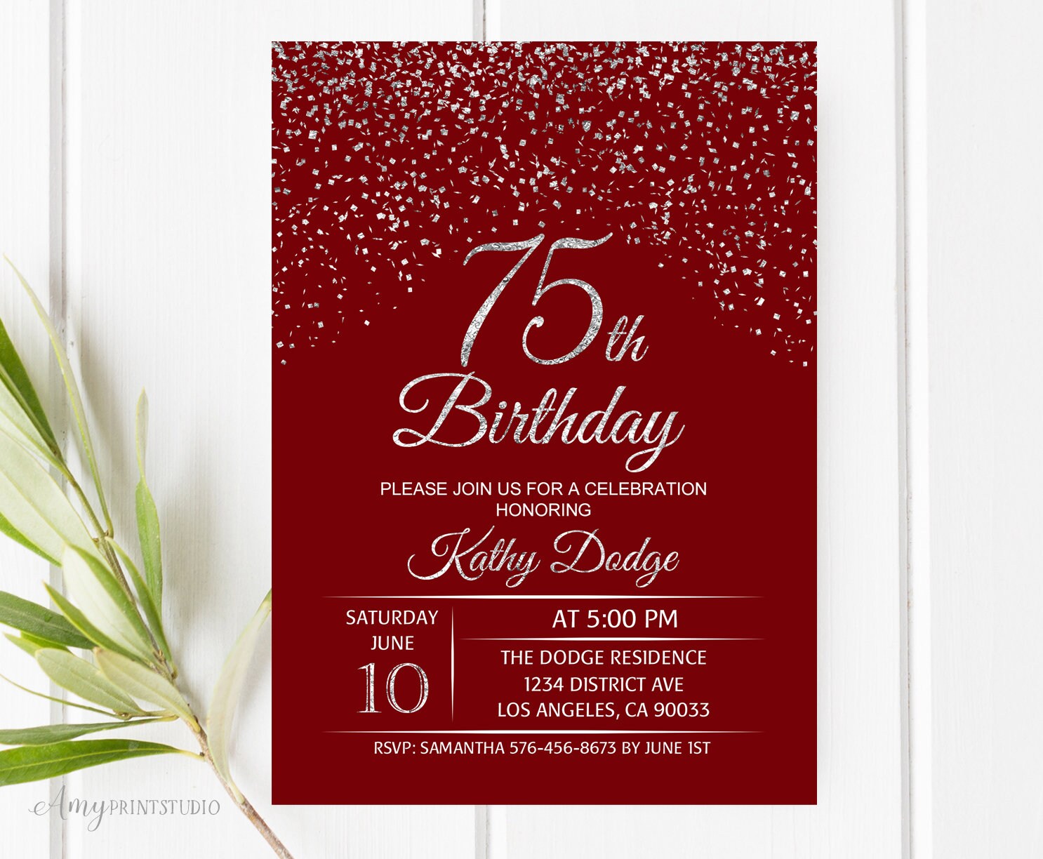 75th Birthday Invitation Silver Birthday Invitation Red | Etsy