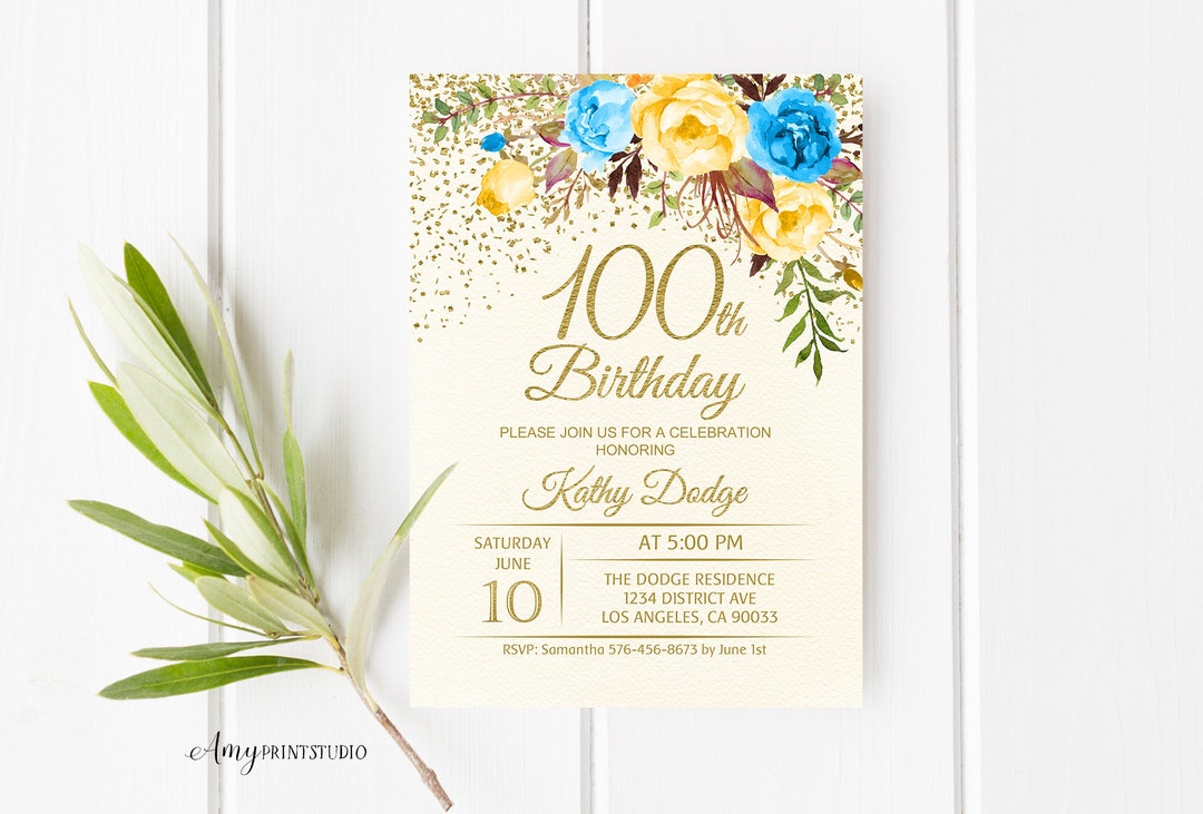 100th Birthday Invitation, Floral Ivory Birthday Invitation, Cream ...