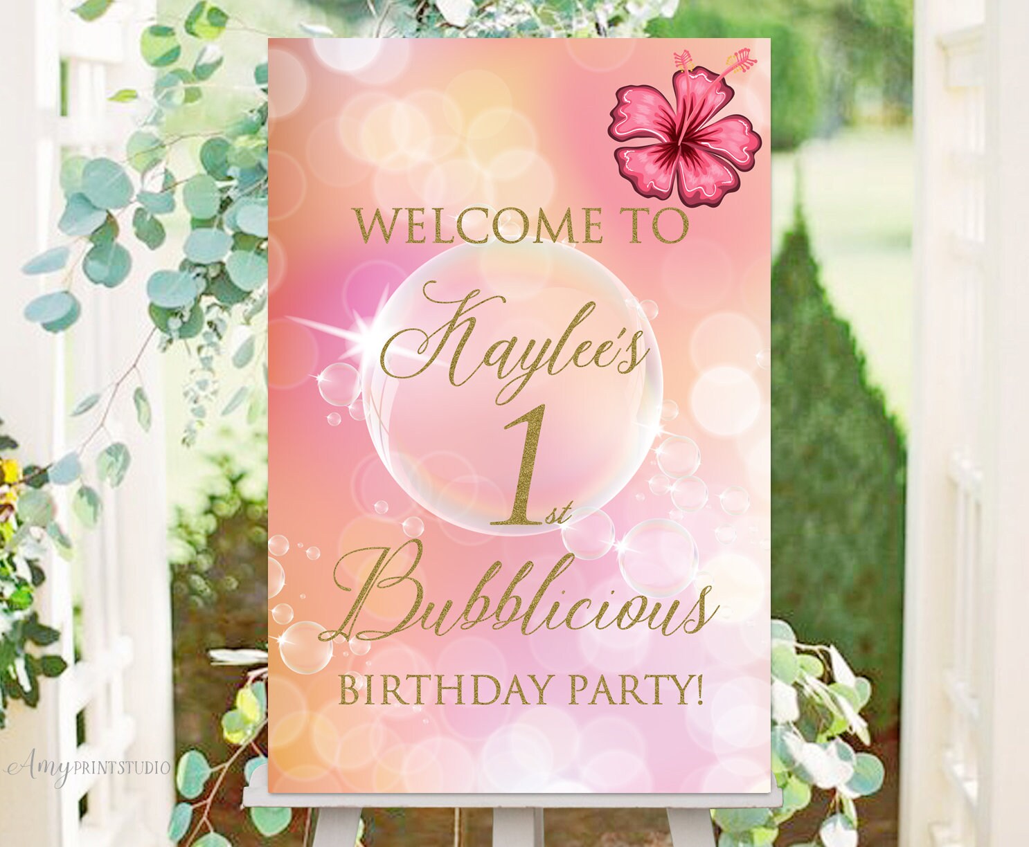 Welcome Birthday Sign Welcome sign Bubbles and Gold Birthday | Etsy