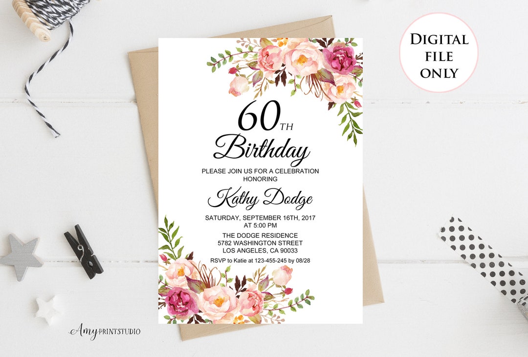 60th Birthday Invitation, Floral Women Birthday Invitation, Any Age ...
