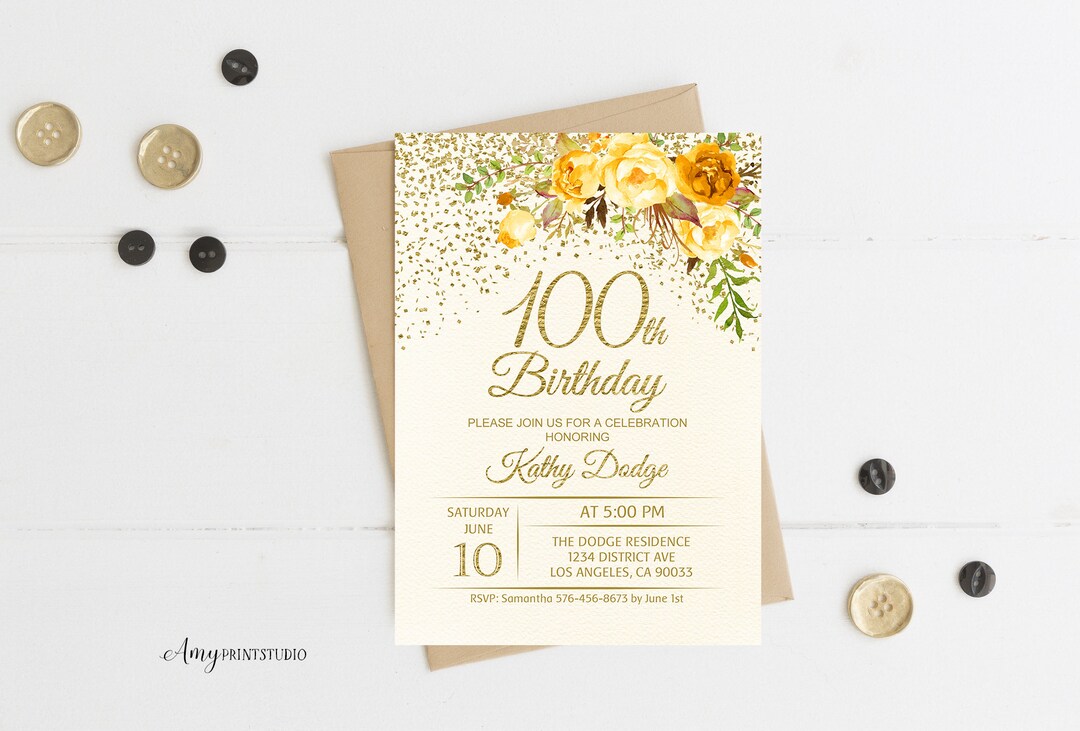 100th Birthday Invitation, Floral Ivory Birthday Invitation, Cream ...