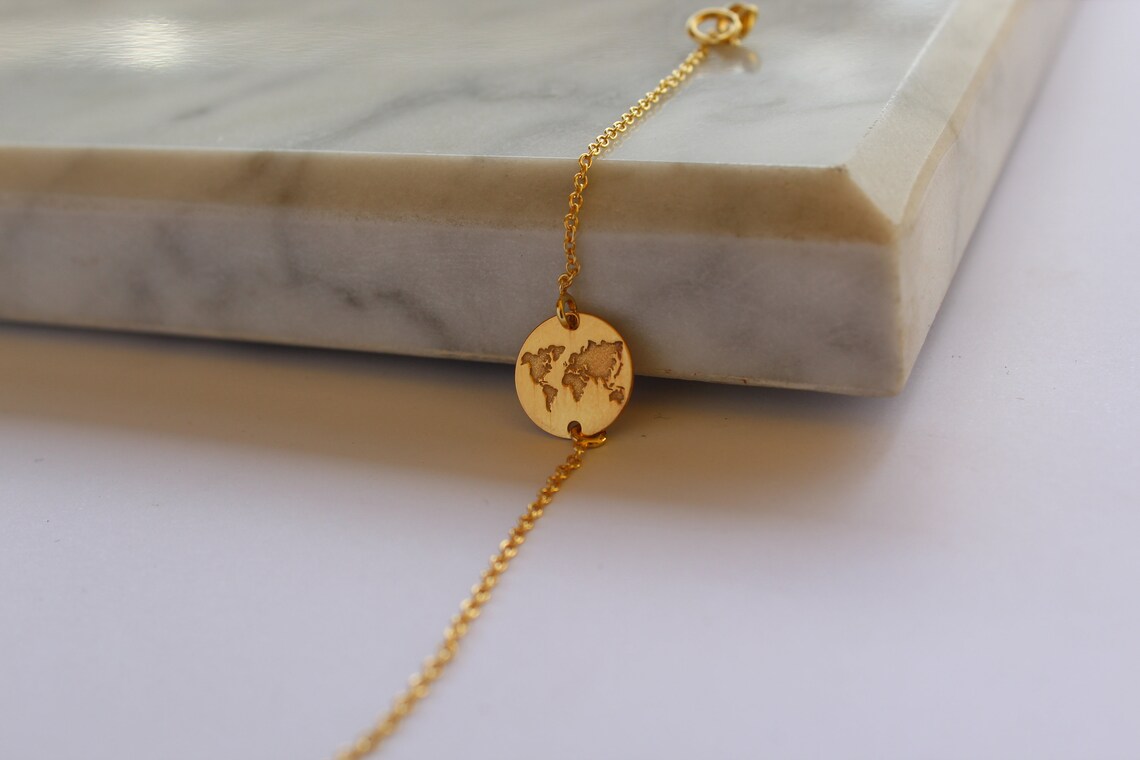 Gold World Map Charm Bracelet for Women Sterling Silver | Etsy