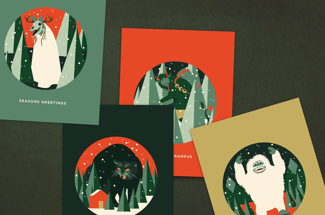 Holiday Cryptid Monsters Greeting Card - Individual, Set of 4, or of 12 ...