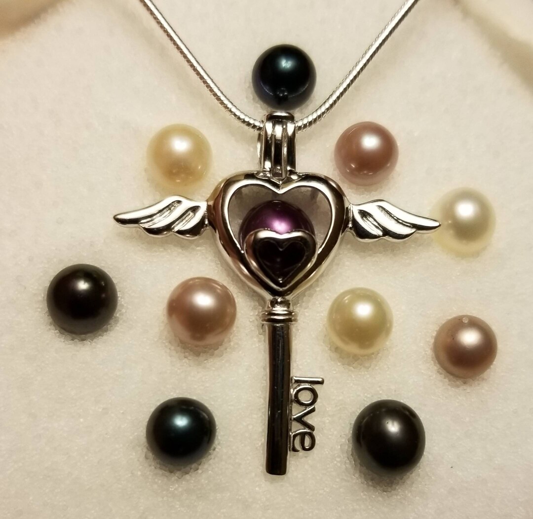 925 Sterling Silver Angel Wing Key Pearl Cage Locket Pendant Necklace ...