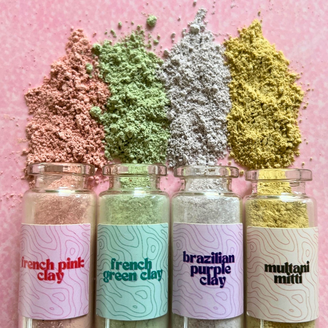 4 Clay Mask Gift Sampler French Pink Clay French Green Clay Brazilian Purple Clay Multani Mitti ...