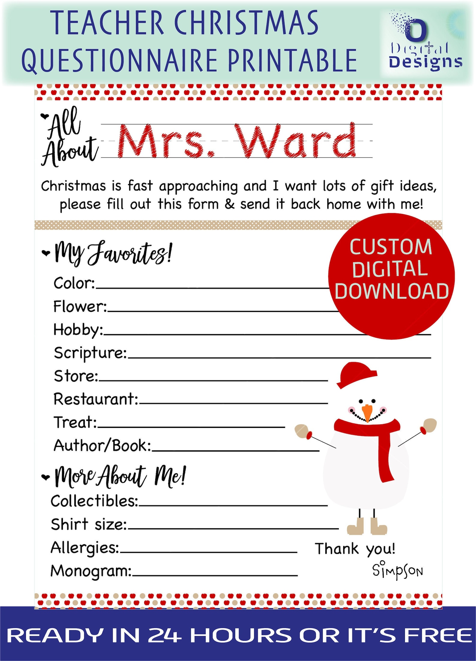 Teacher Christmas Questionnaire Teacher Christmas Png Teacher - Etsy