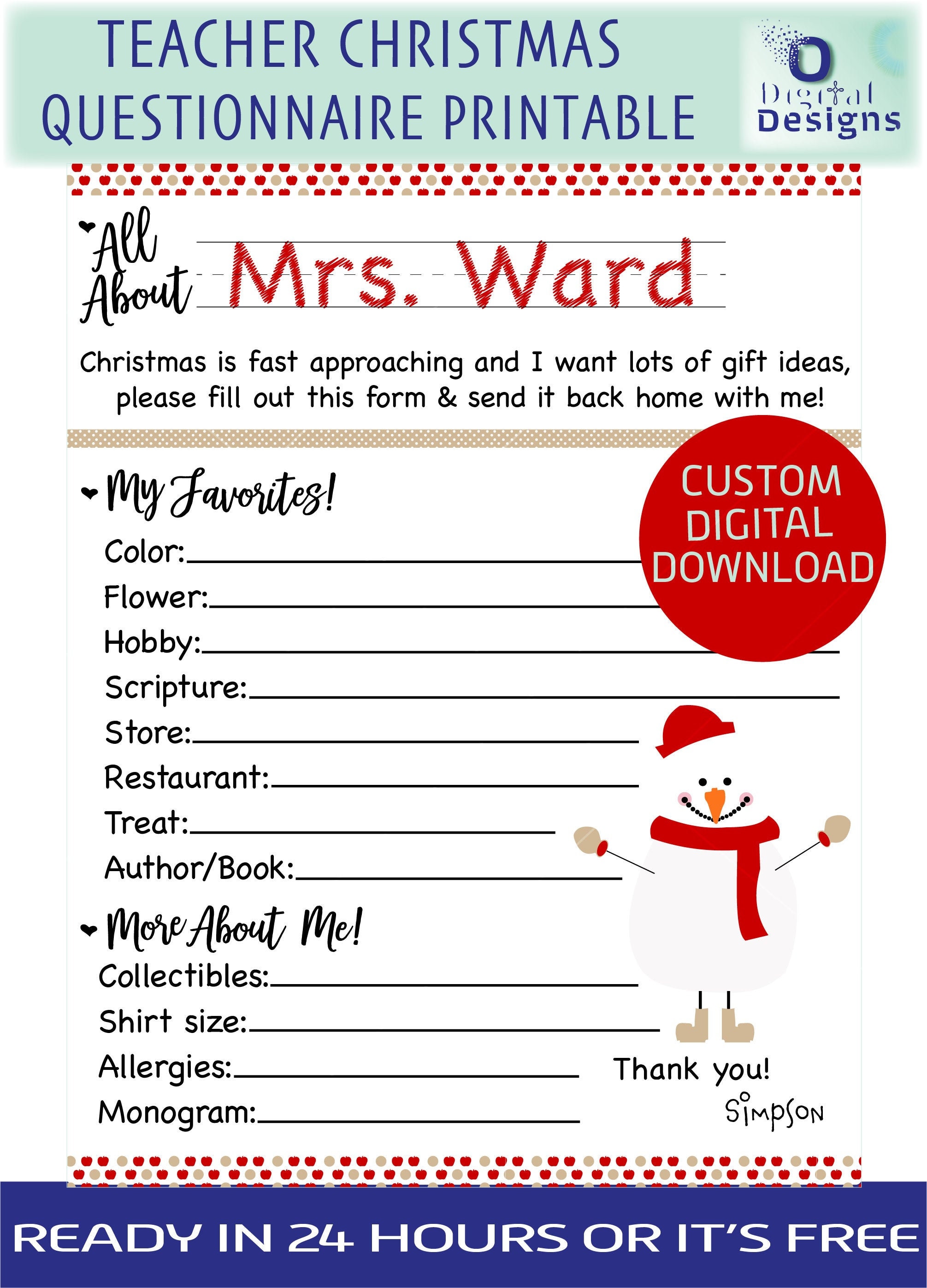 Teacher Christmas questionnaire Teacher Christmas png Teacher | Etsy