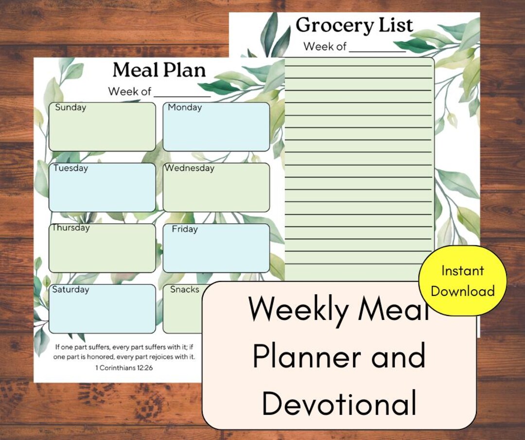 Weekly Meal Planner and Devotional Printable Meal Planning Set With ...