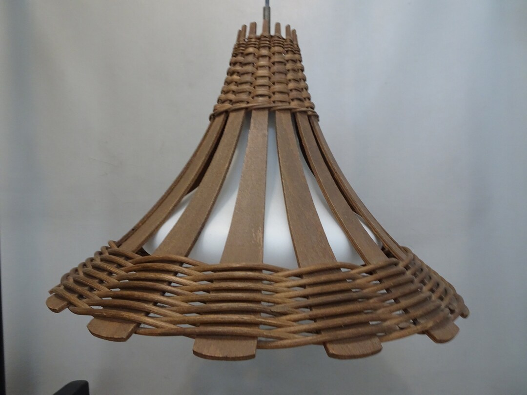 Vintage Wooden Pendant Lamp With White Opaline Glass Inside and Wooden ...