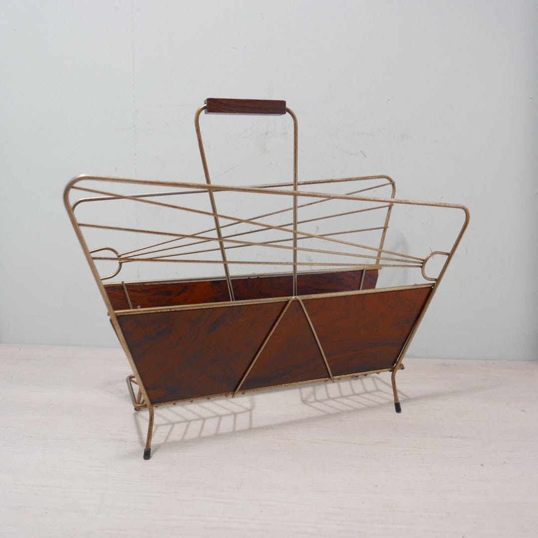 Vintage Newspaper Rack Magazine Rack Brass and Wood 1950s - Etsy