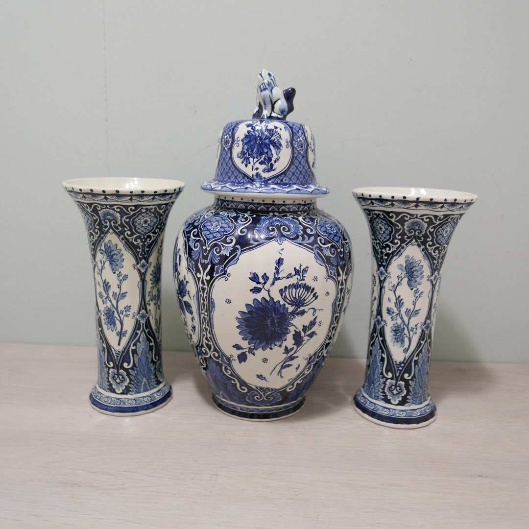 Delft Blue Set of 3 Lidded Vase and 2 Cup Vases Netherlands, 1970s ...