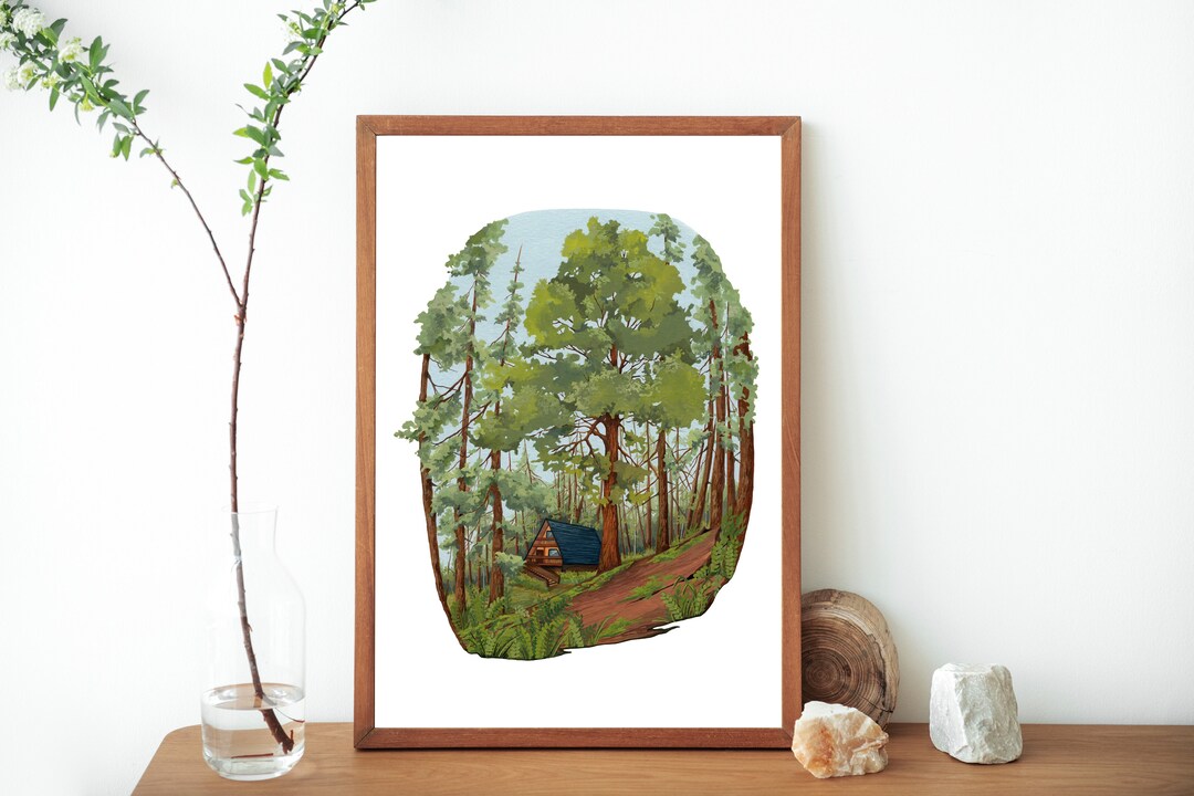 Woodland Cabin Painting Art Print- Forest Art Print- Cabin in the Woods ...