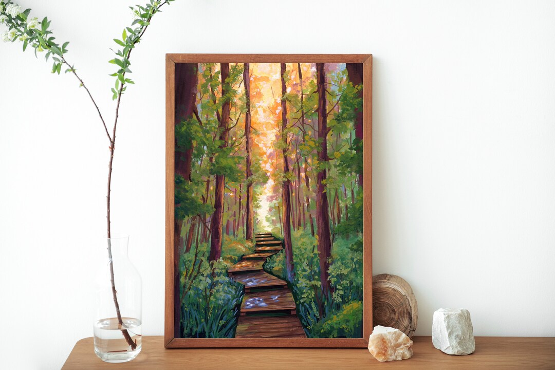 Sunlit Forest Landscape Painting Art Print- Forest Hiking Trail ...
