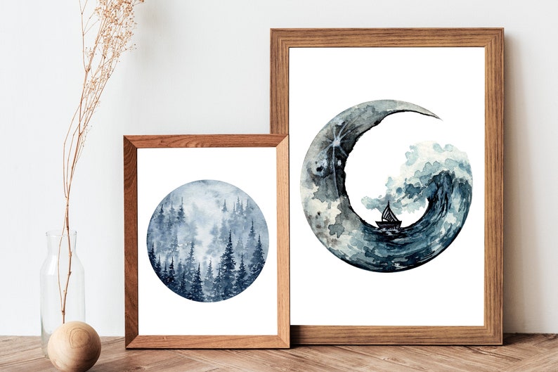 Watercolor Moon and Wave Painting Art Print Nautical Ocean - Etsy