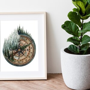 Explore Forest Compass Watercolor Painting Art Print- Green Explorer ...