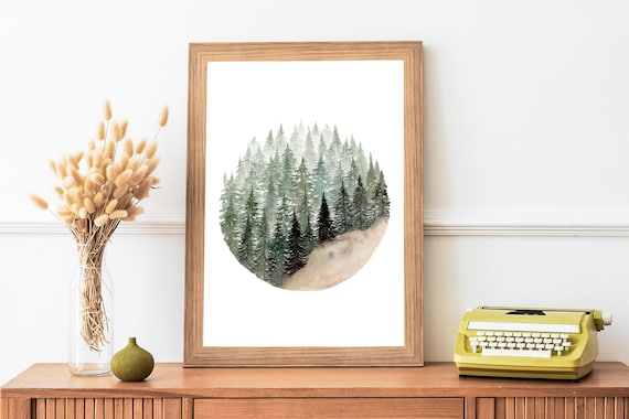 Watercolor Pine Tree Forest Circle Painting Art Print | Etsy